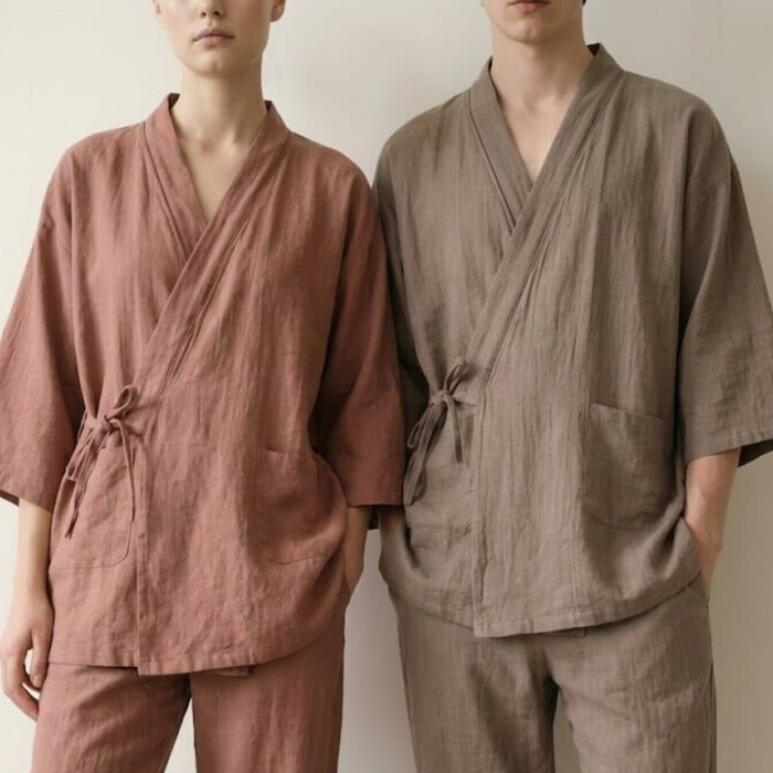 Dark Red Japanese Style Cotton Kimono Pajama Set | Ever Lasting