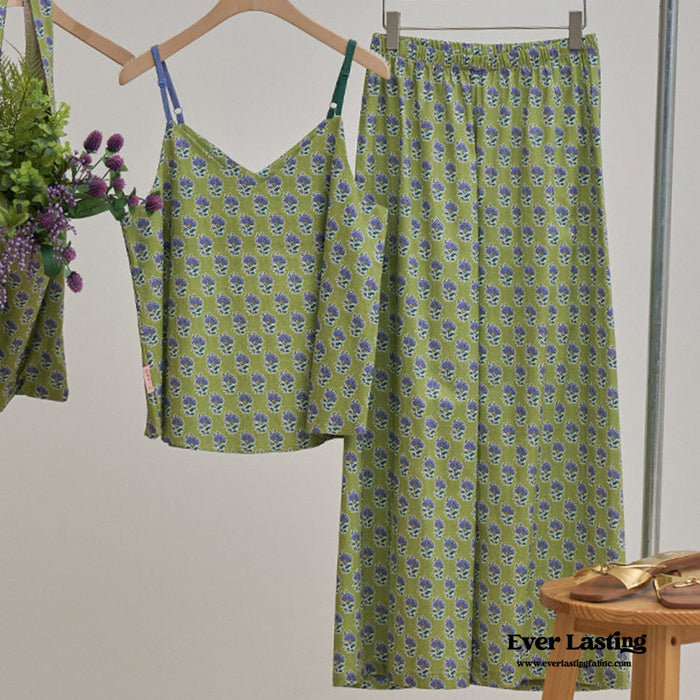 French Vintage Green Floral Silky Tank + Pants Pajama Set