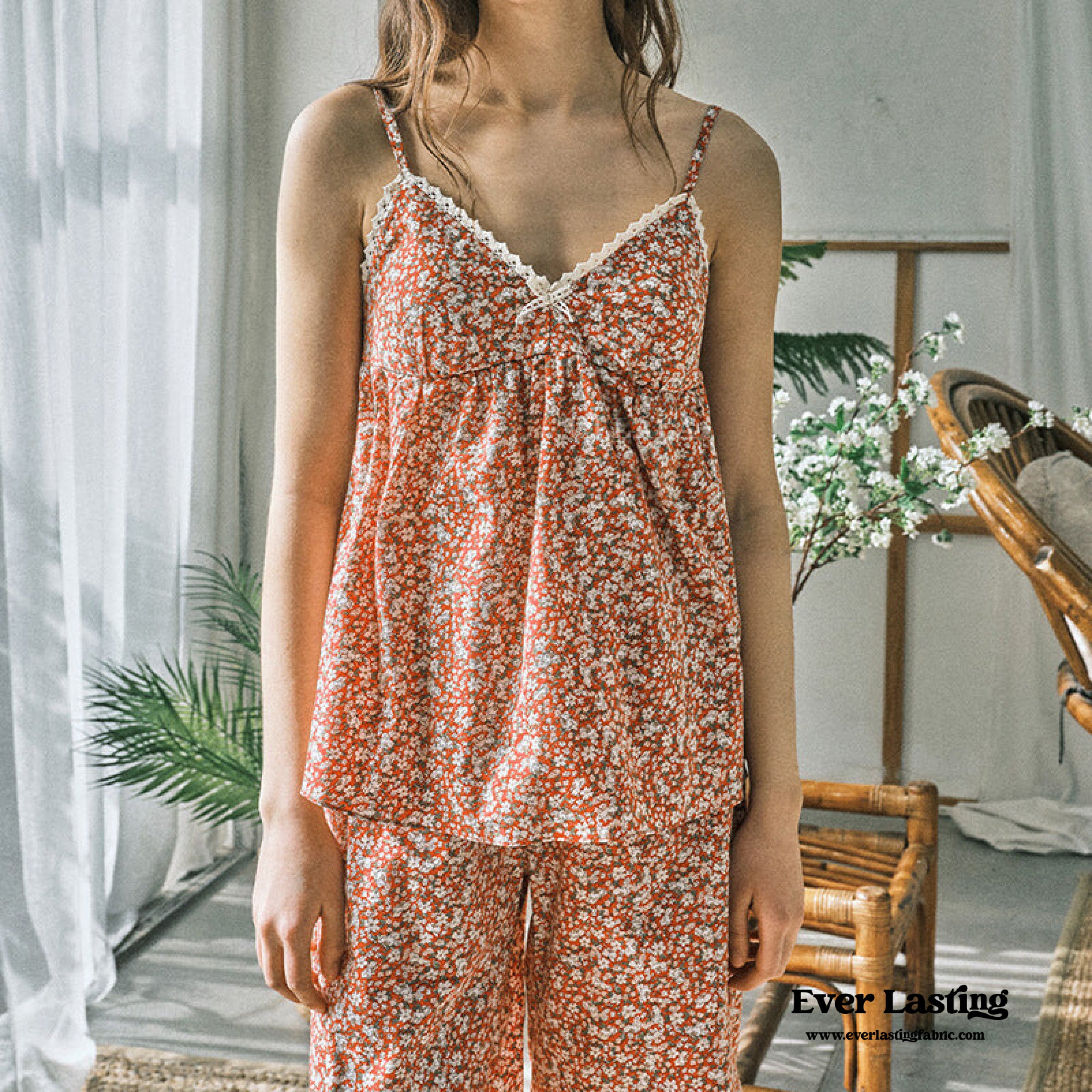 Lace Floral Cotton Tank and Pants Pajama Set / Red | Best Stylish ...