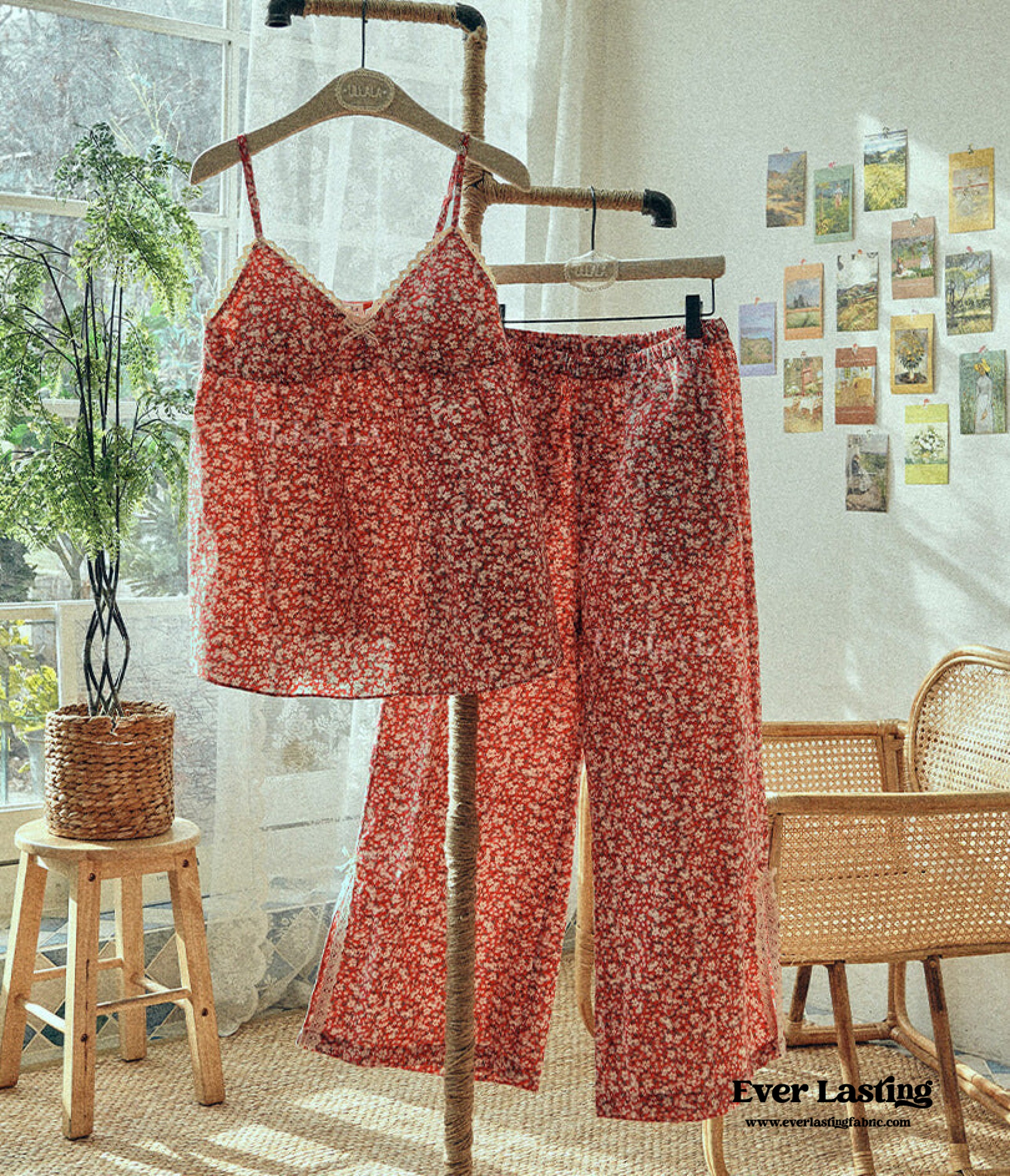 Lace Floral Cotton Tank and Pants Pajama Set / Red | Best Stylish Bedding | Ever Lasting