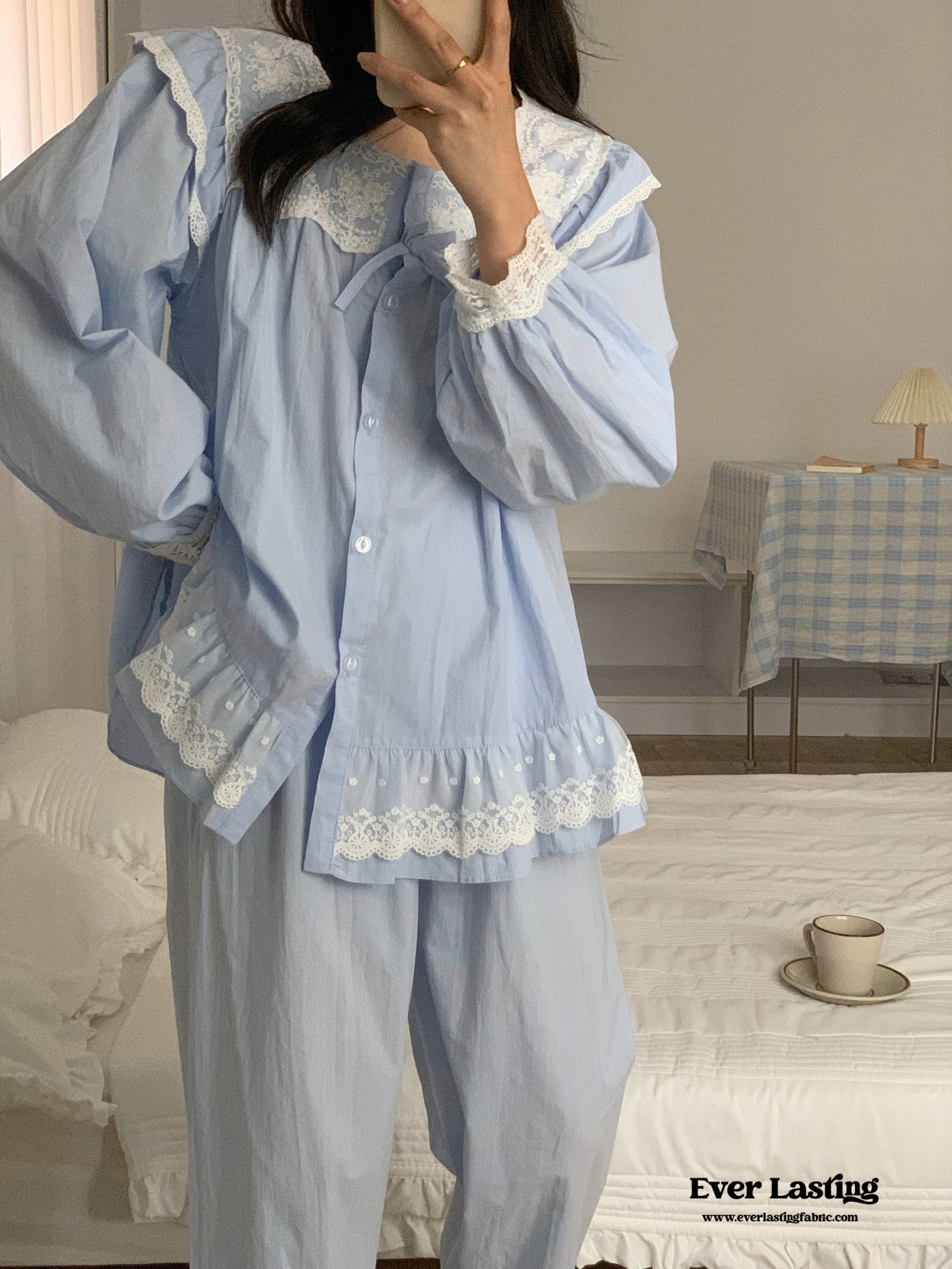 White Lace Ruffle Cottage Pajama Set | Best Stylish Bedding | Ever Lasting