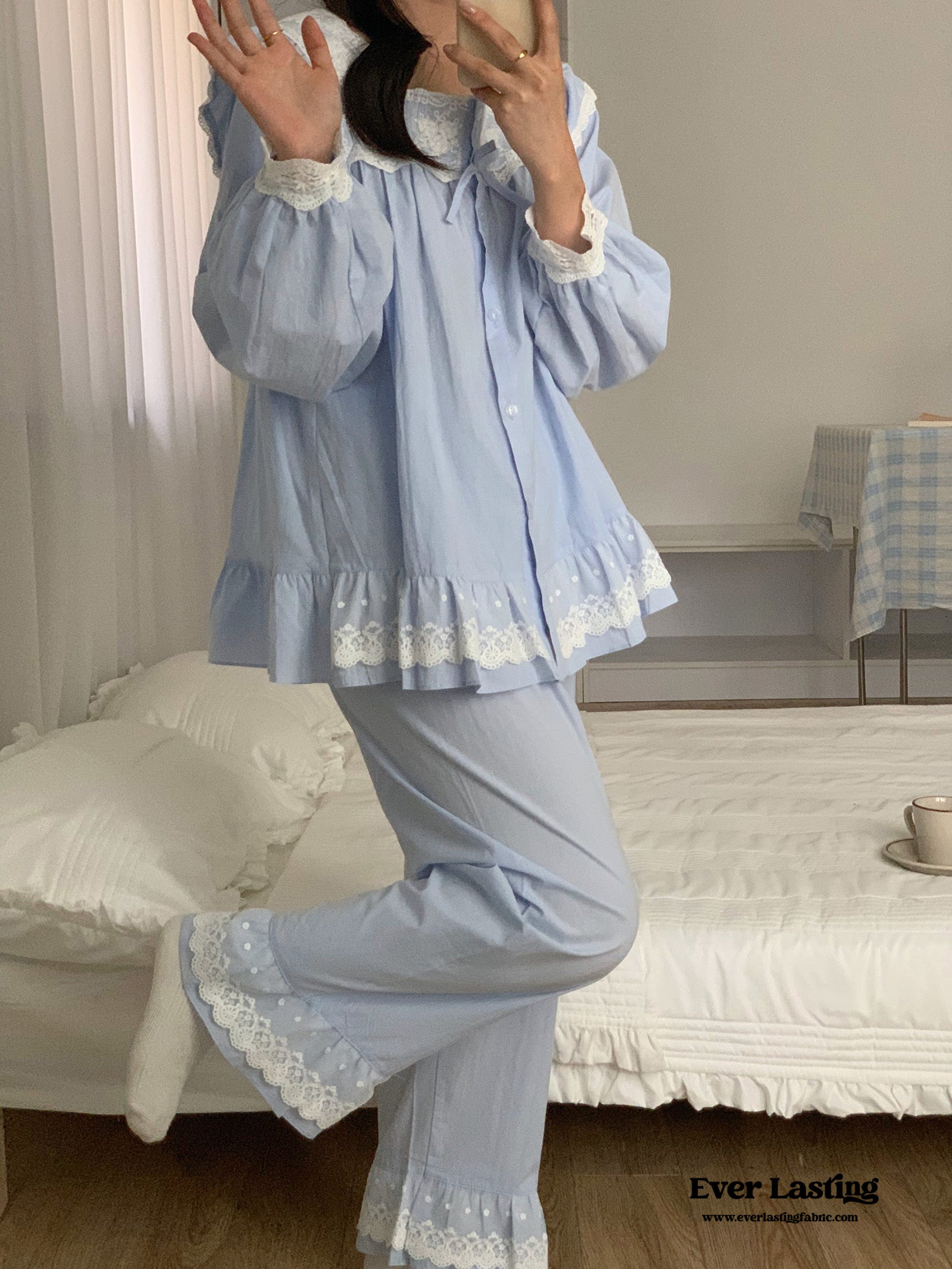 White Lace Ruffle Cottage Pajama Set | Best Stylish Bedding | Ever Lasting